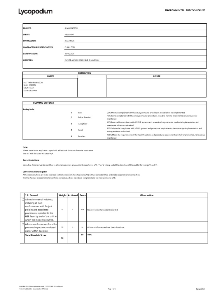 BRM-FRM-054_0 Environmental Audit_140325_2MA Prime | PDF | Waste ...