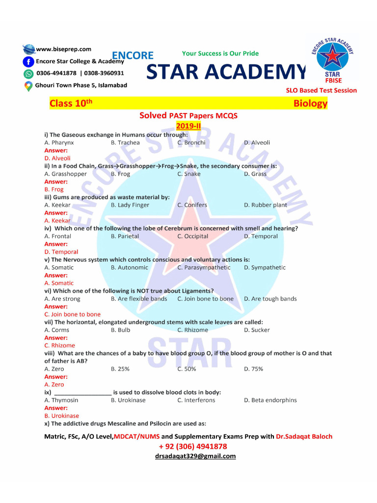 10th Bio Solved Past Papers 2014 To 2019 PDF | PDF