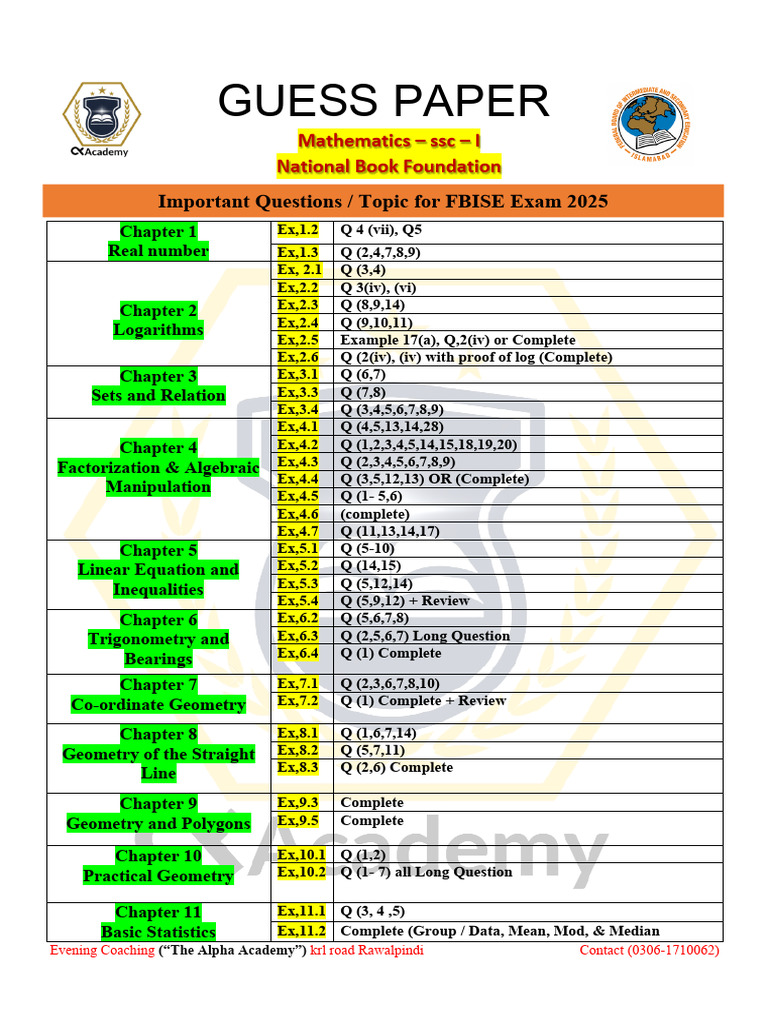 GUESS PAPER 9th 2025 Fedral Board-2 | PDF | Geometry | Algebra