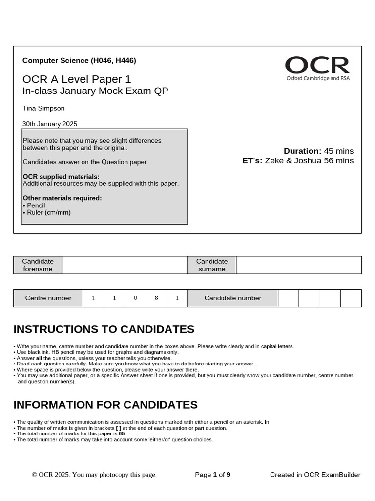 OCR A Level In-Class Mock Exam QP Final | PDF | Operating System | Computer Hardware