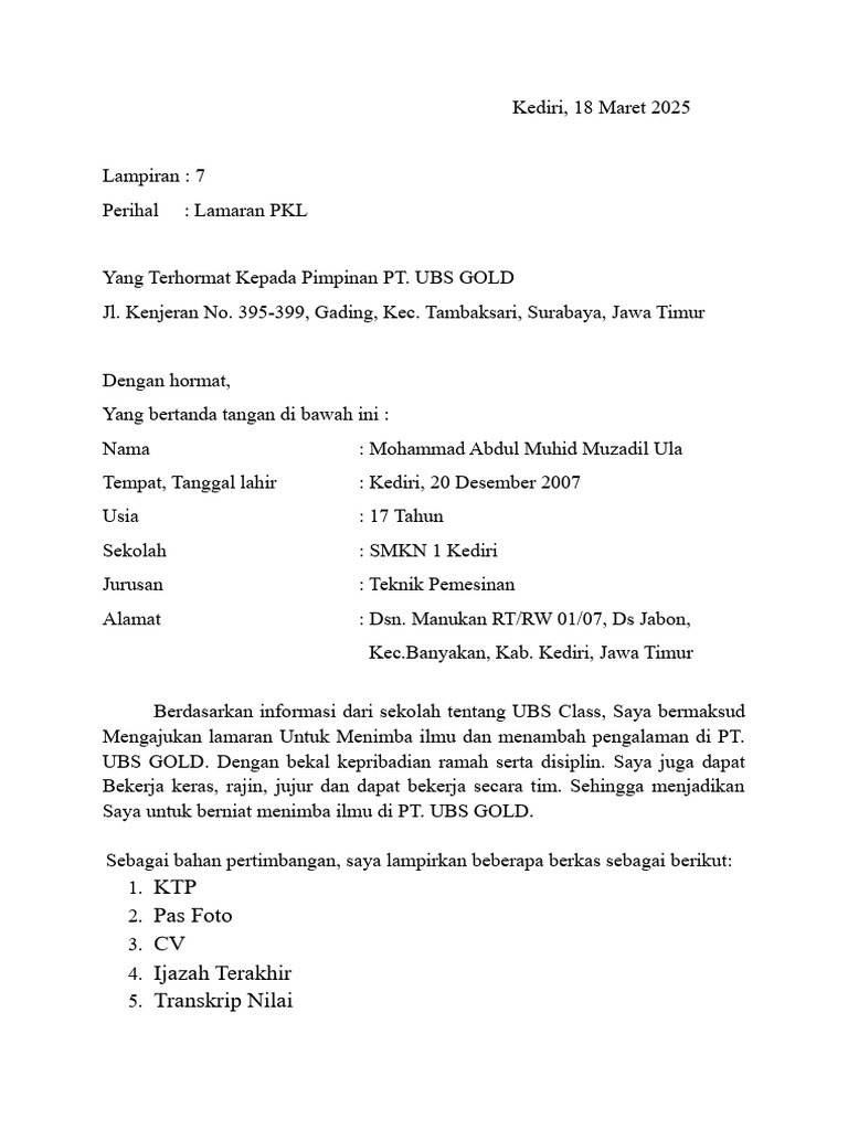 Lamaran PKL Mohammad Abdul Muhid | PDF