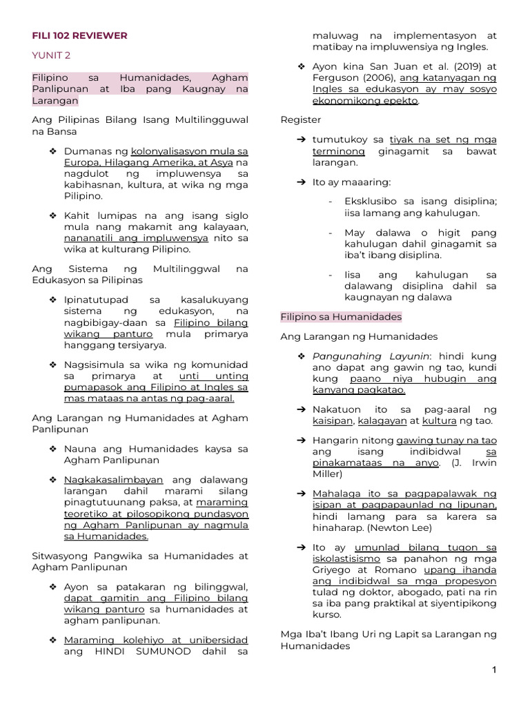 Fili 102 Reviewer | PDF