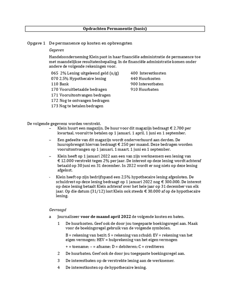 Opdrachten Permanentie Basis | PDF