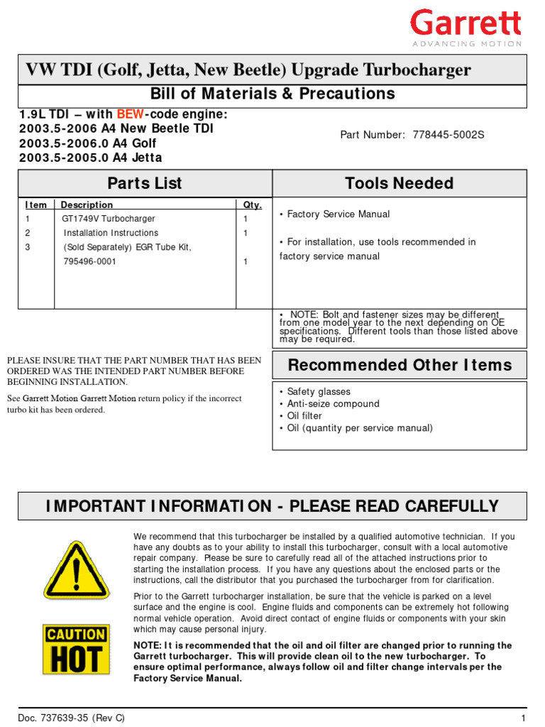 Garrett PowerMax 737639-35 778445 1.9 TDI BEW Upgrade Installation Instructions RevC | PDF ...