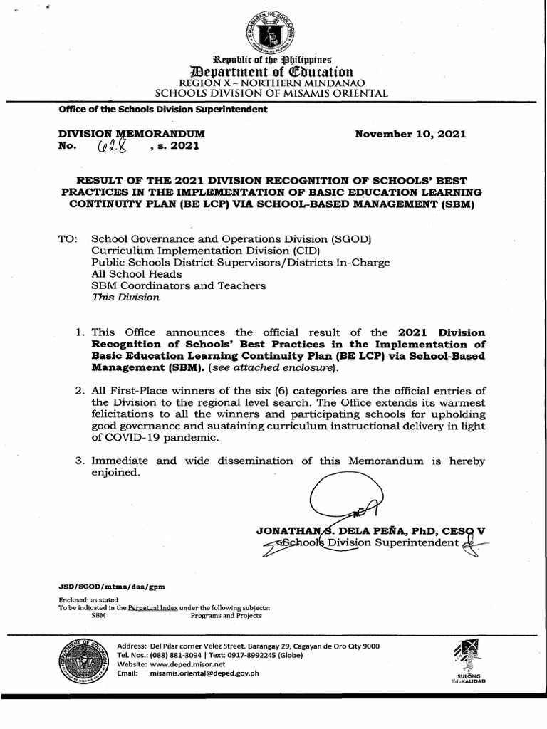 DM - 628 - S - 2021 Result of The 2021 Division Recognition of Schools ...