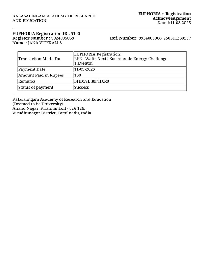 Kalasalingam University - Registration Acknowledgement | PDF