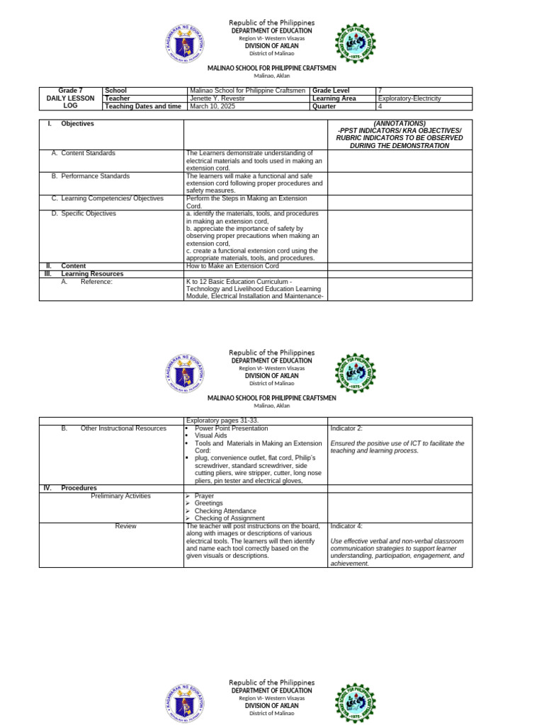 Grade 7 Extension Cord Lesson Plan | PDF | Learning | Curriculum