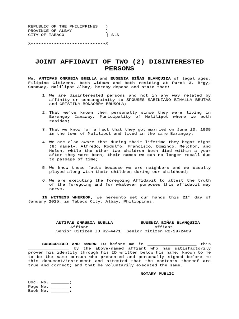 Joint Affidavit of Disinterested Persons | PDF