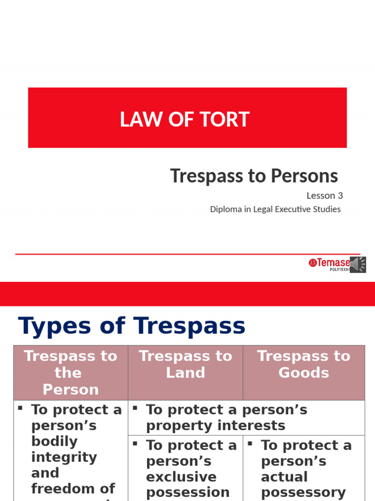Temasek Poly - Lesson 3 Trespass To Person | PDF | Trespass | Damages