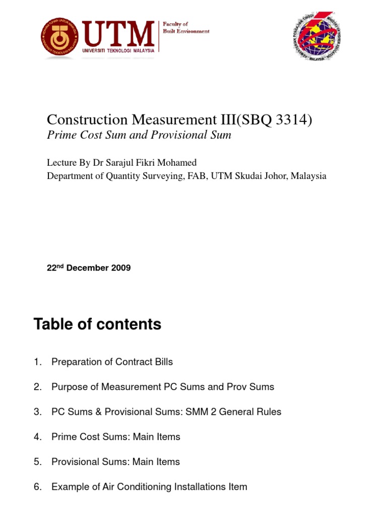 Construction Measurement III Week 2 PC Sum and Prov Sum | PDF | Duct ...