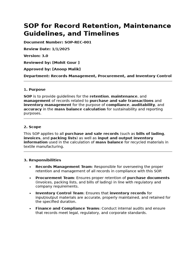 SOP For Record Retention | PDF | Records Management | Regulatory Compliance