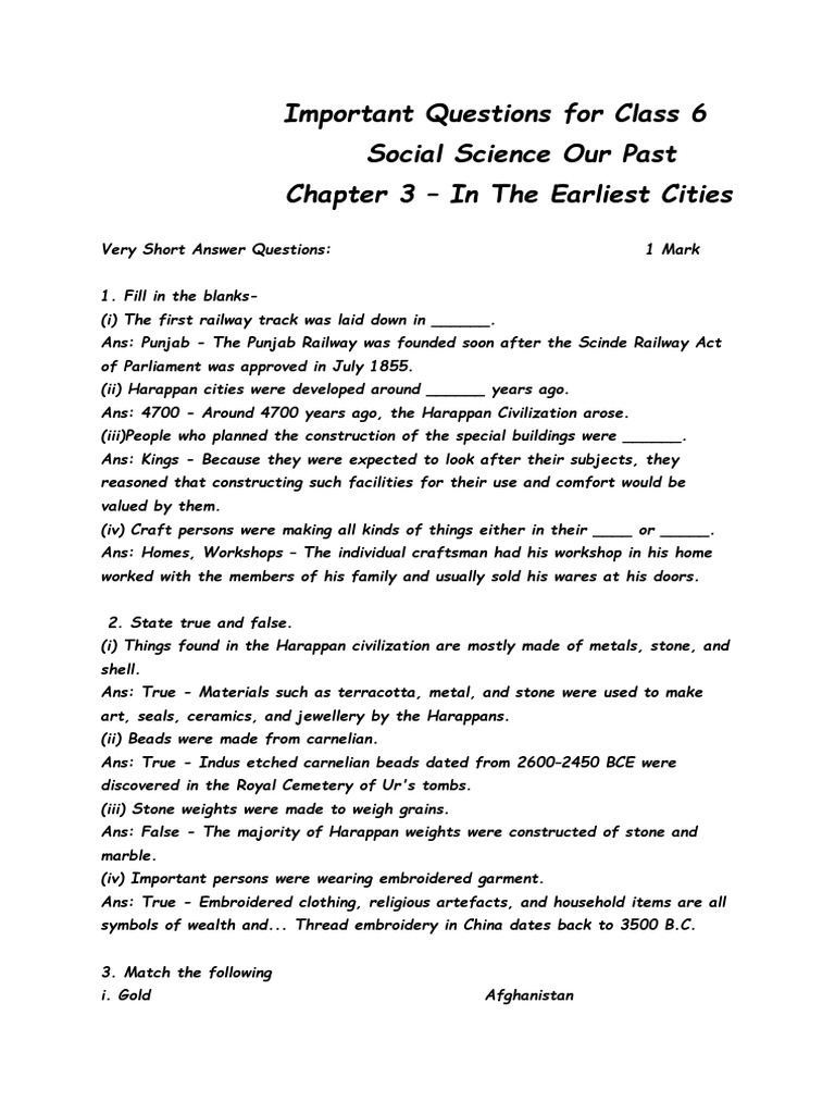 Important Questions For CBSE Class 6 Social Science Our Past Chapter 3 - in The Earliest Cities ...