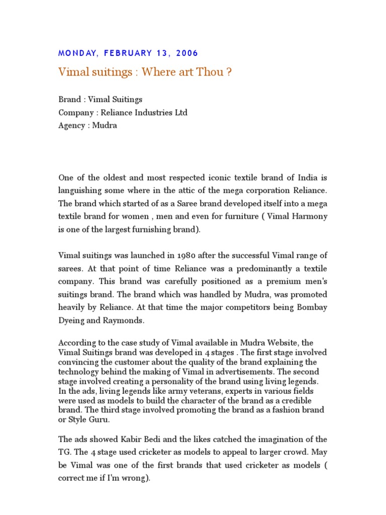 Repositioning a Legacy Brand: Reliance Industries' Efforts to Revive ...