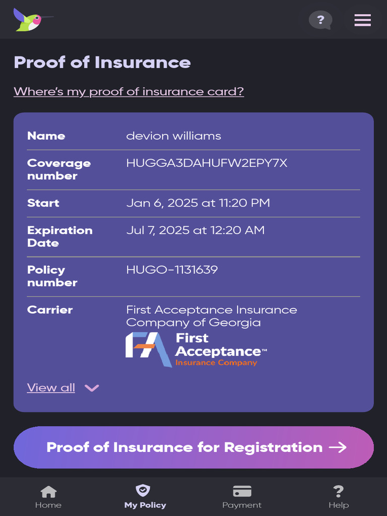 Hugo App - Proof of Insurance | PDF