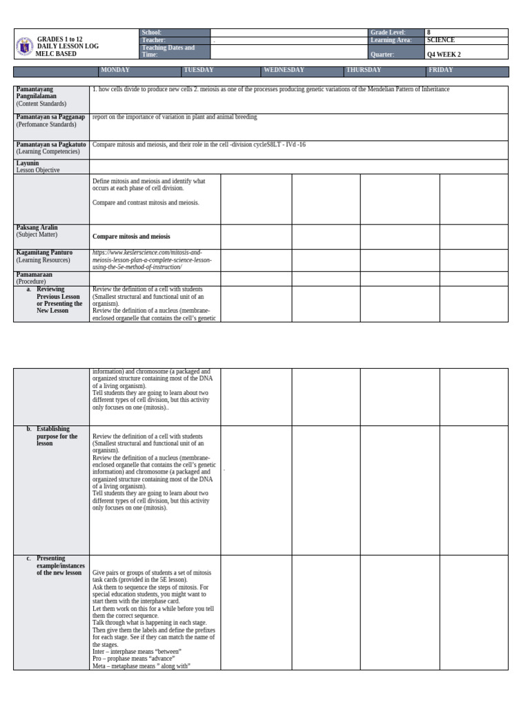 Melc DLL Sci 8 Week 2 Q4 Done | PDF | Mitosis | Meiosis
