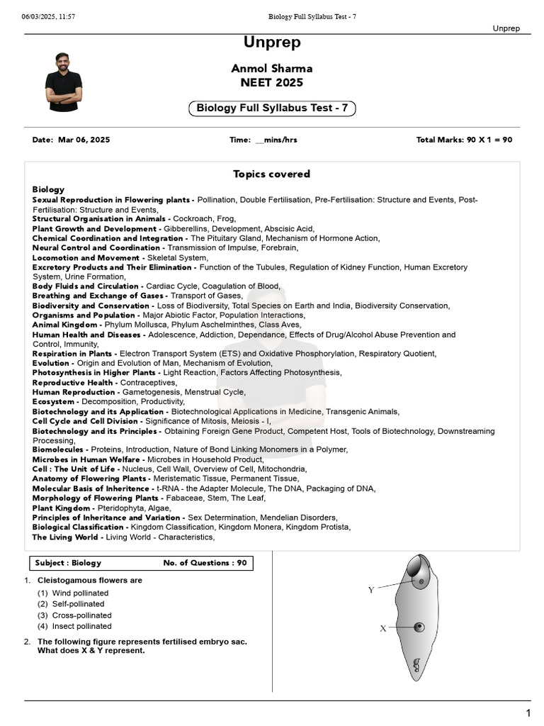 Biology Full Syllabus Test - 7 QP | PDF | Dna | Synapse