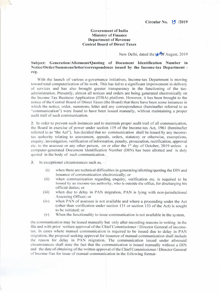 Circular No.19 of 2019 (Generation of DIN) | PDF