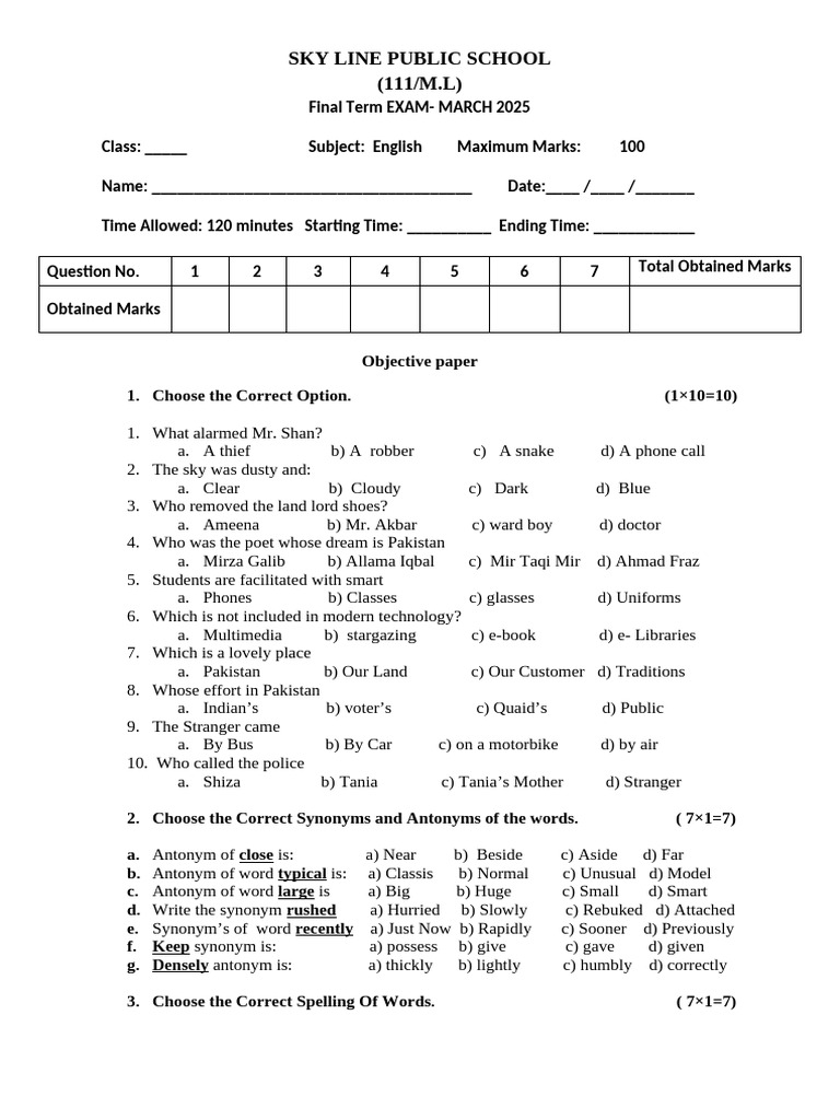 Class 6 English Exam Paper 2025 | PDF | Verb | Language Mechanics