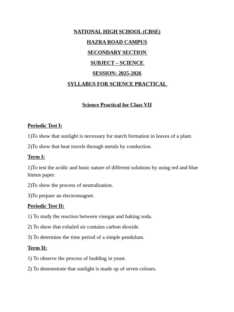 Science Practical Syllabus (2025-2026) | PDF