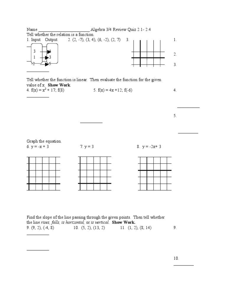 Alg Review Quiz 2.1-2.4 | PDF | Slope | Mathematical Analysis