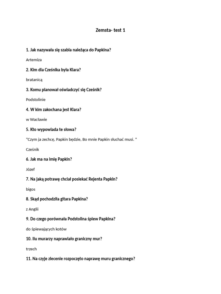 Zemsta Test 1 | PDF
