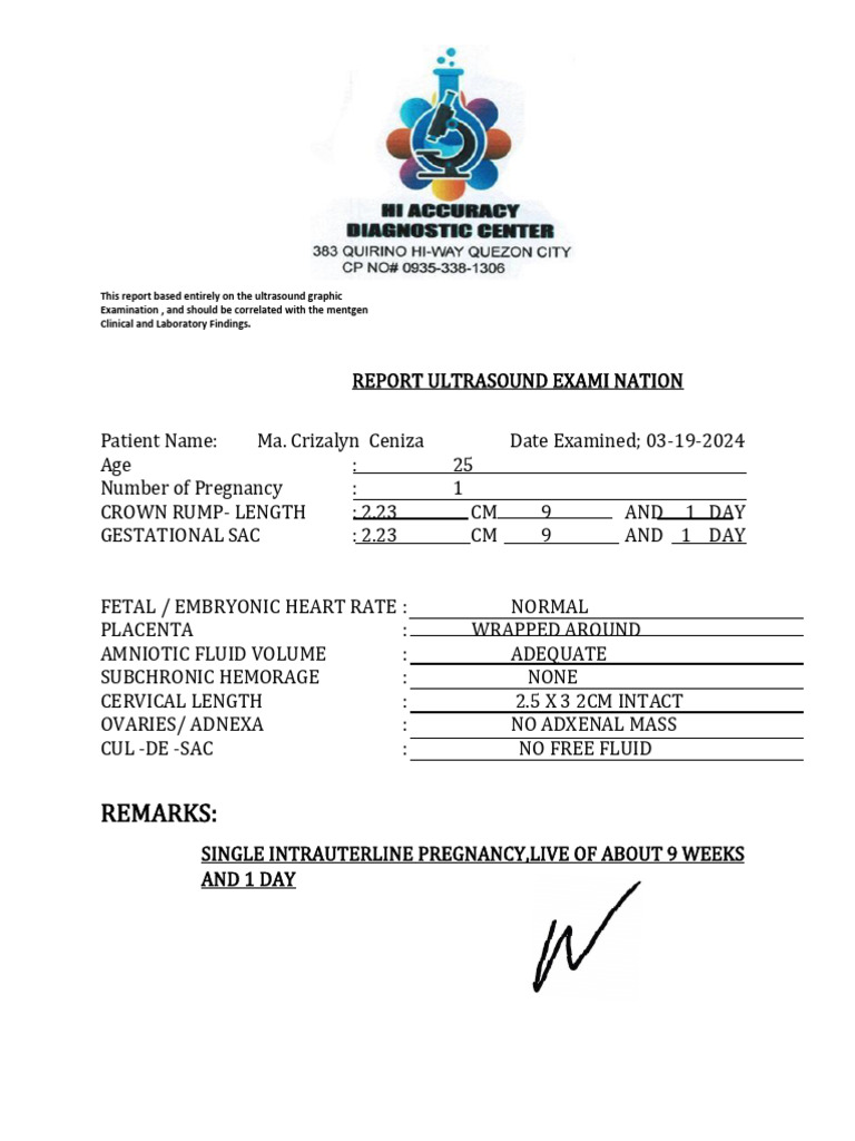 9-Week Pregnancy Ultrasound Report | PDF