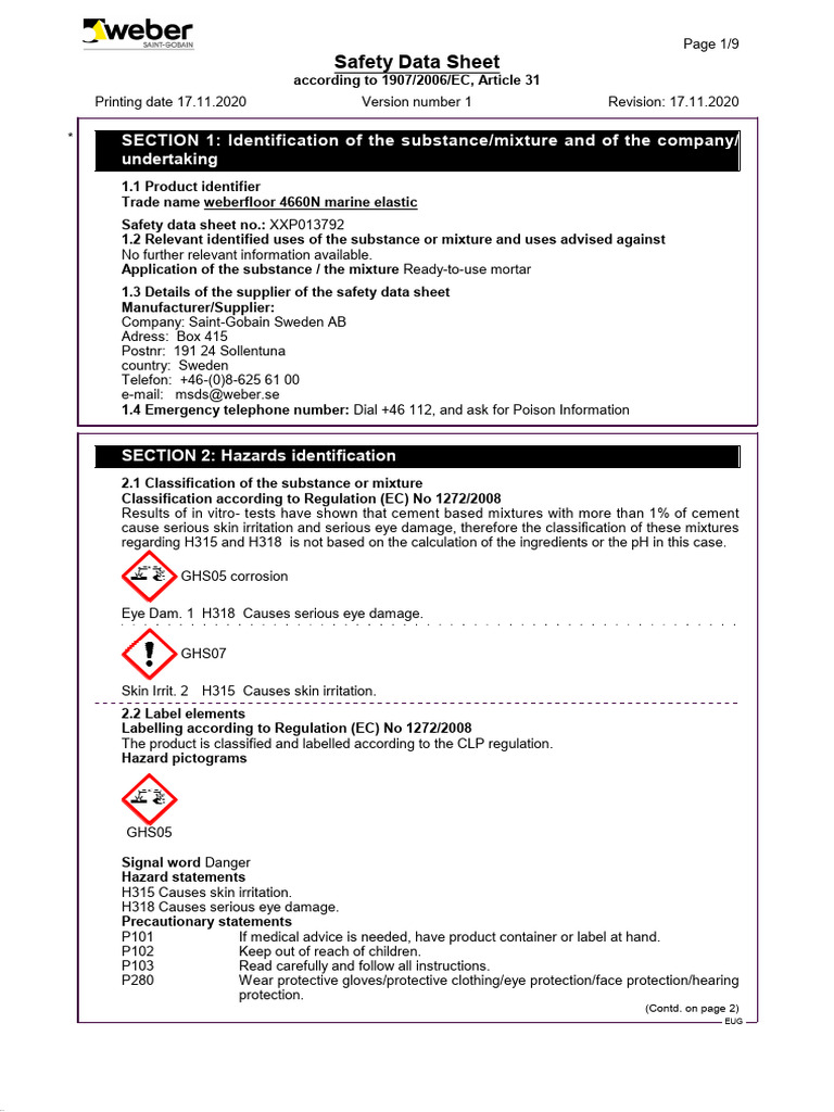 MSDS-weberfloor 4660N Marine Elastic (EU) | PDF | Dangerous Goods | Waste