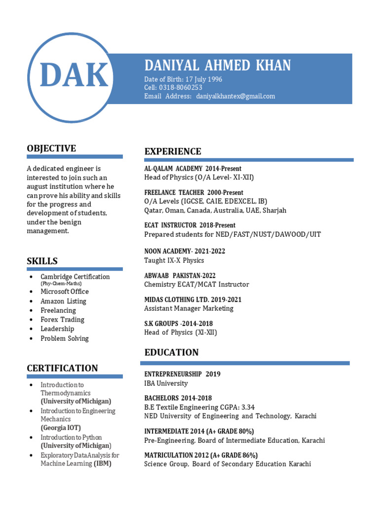 Daniyal Ahmed Khan CV | PDF