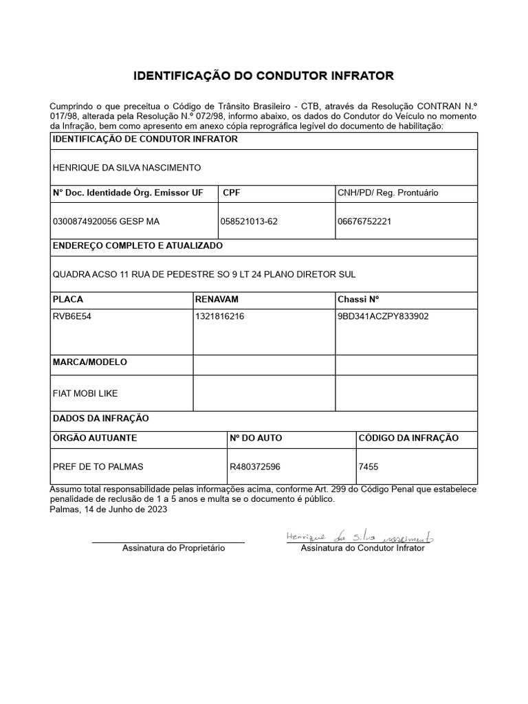 Identificação do Condutor Infrator | PDF