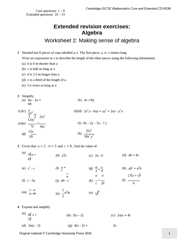 Worksheet 2 Making Sense of Algebra Extended Revision Exercises Algebra ...