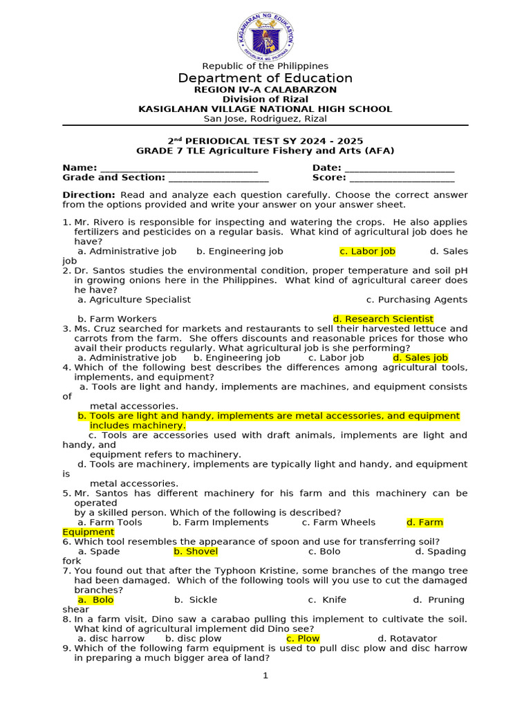 Quarter 2 Answer Key - Tos - Exam - KVNHS - Afa Matatag G7 | PDF | Compost | Waste