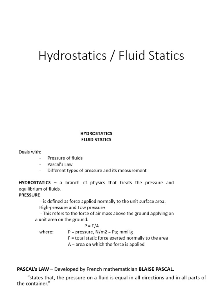 Hydrostatics Fluid Statics | PDF | Pressure Measurement | Pressure