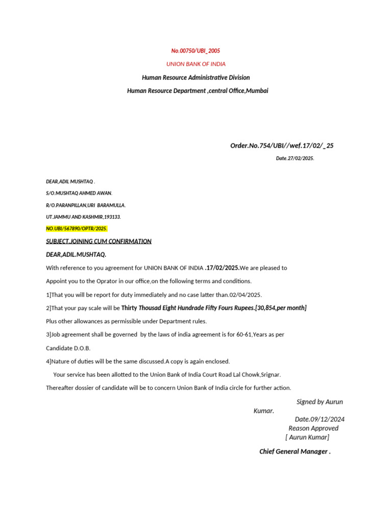 Joining Letter | PDF