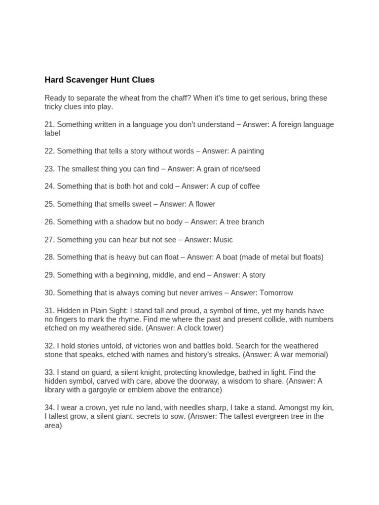 Challenging Scavenger Hunt Clues | PDF