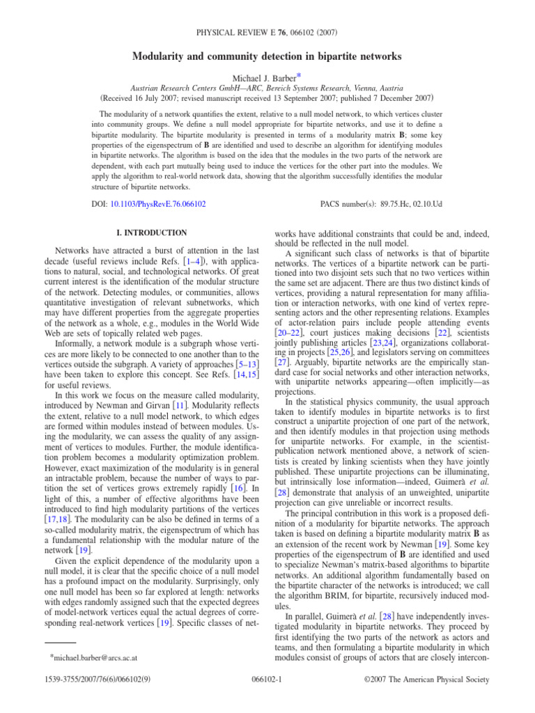 Modularity And Community Detection In Bipartite Networks Pdf
