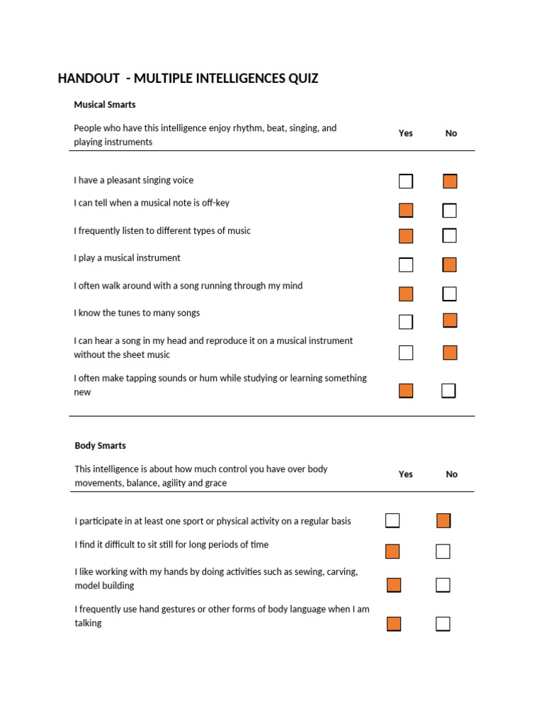Multiple Intelligences Quiz | PDF | Thought | Intelligence