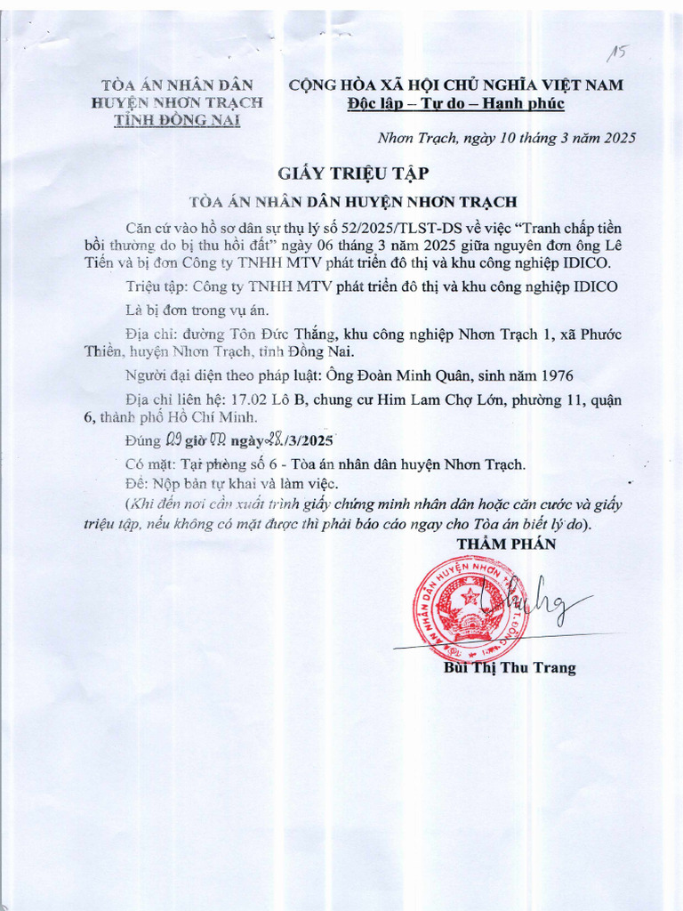 20250317-IDICO-URBIZ-Giấy triệu tập Toà án Nhân dân Huyện Nhơn Trạch | PDF