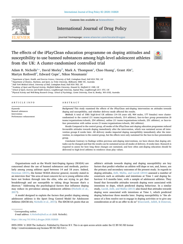 The Effects of the iPlayClean Education Programme on Doping Attitudes and Susceptibility to Use ...