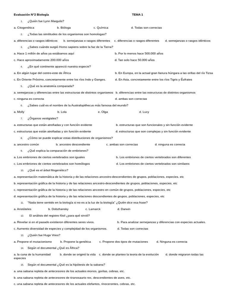 Eval2 BIO2do TEMA 1 | PDF | Biología Celular) | Evolución