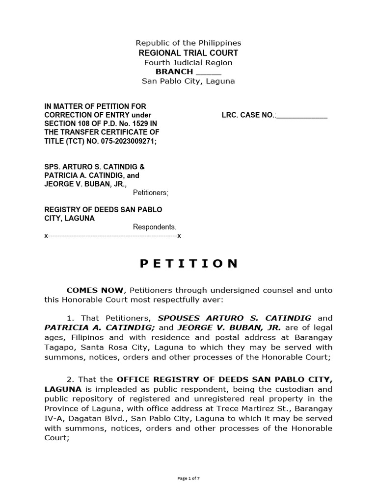 Petition Correction Entry Under Section 108 of PD 1529 | PDF | Title (Property) | Justice