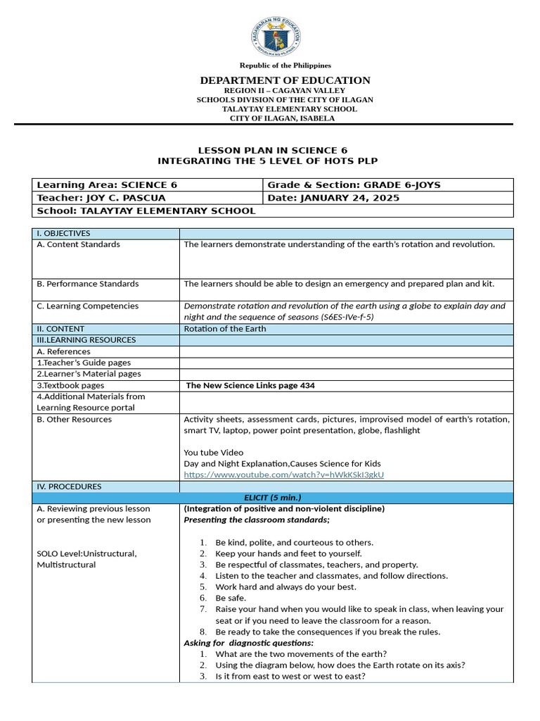 Lesson Exemplar Hots Joy C. Pascua | PDF | Earth | Learning