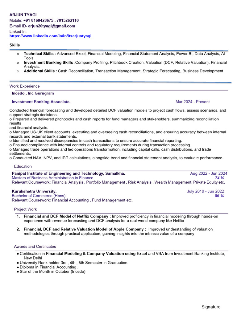 Arjun Investment Banking Resume .1 | PDF | Valuation (Finance) | Financial Modeling