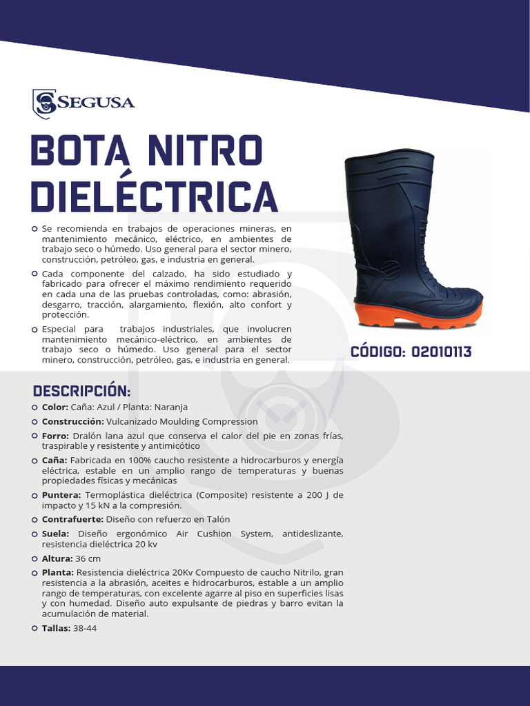 Ficha Técnica Bota de Jebe Dieléctrica Segusa | PDF | Calzado | Caucho natural