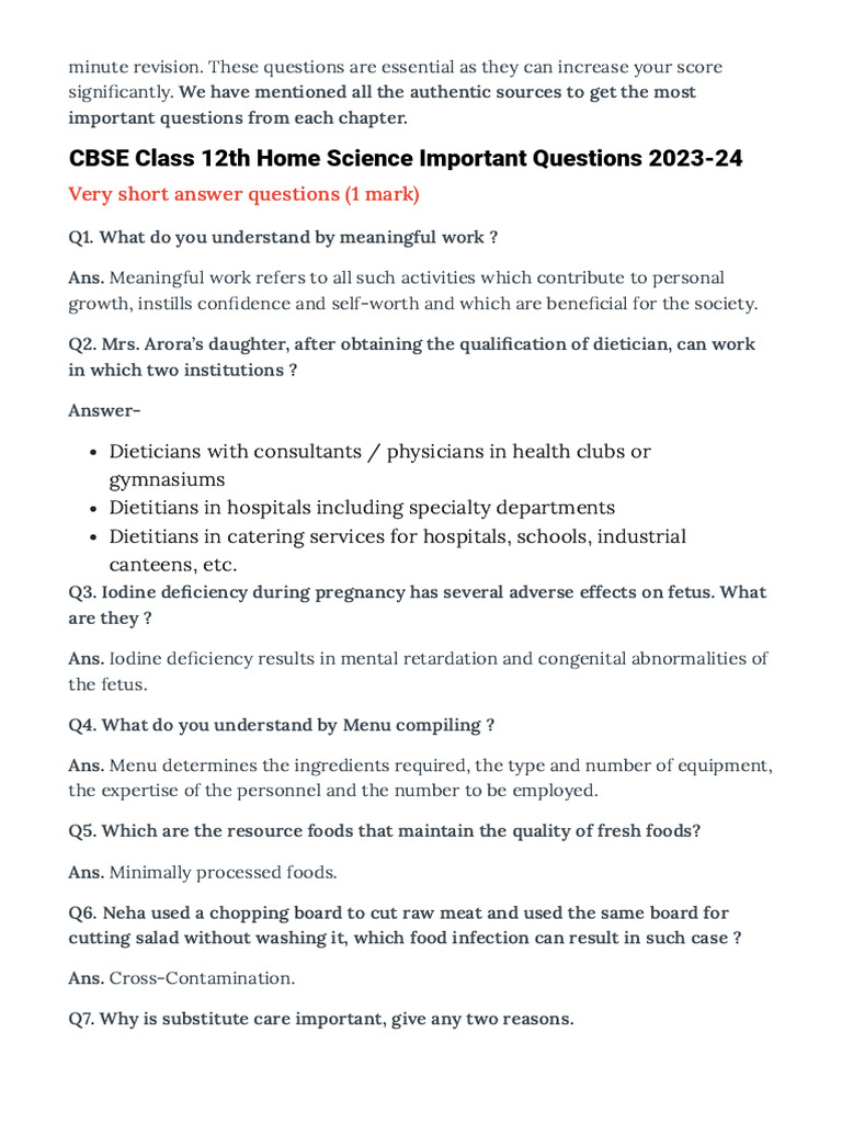 CBSE Class 12 Home Science Exam 2024 - Most Important Questions Answers For Last-Minute Revision ...