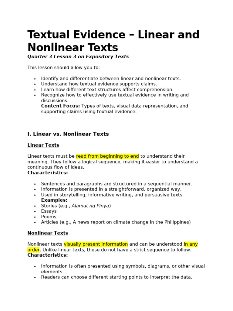 Review Notes - Textual Evidence, Linear and Nonlinear Texts | PDF ...