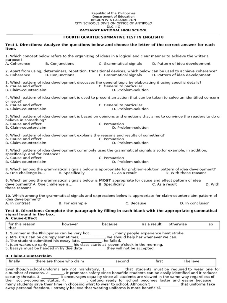 Q4-ENG8-ST1-Grammatical-Signals | PDF | Causality