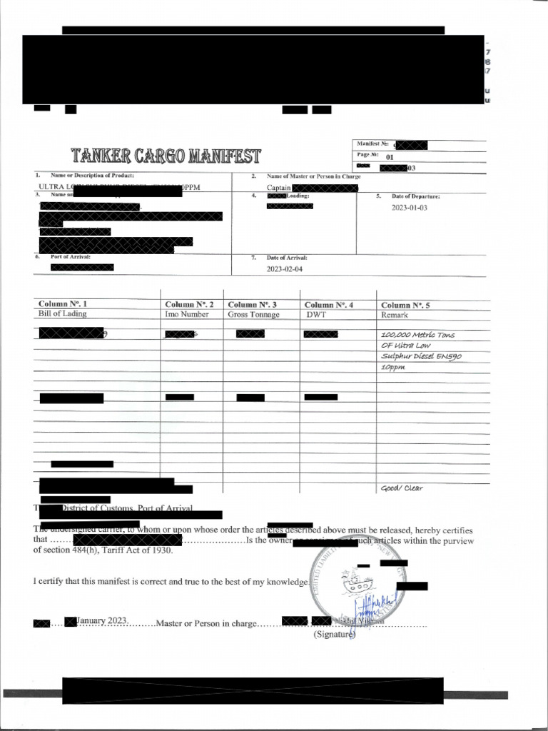 Tanker Cargo Manifest | PDF