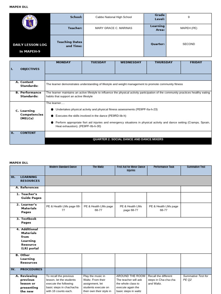 Q2 Dll-Mapeh 9 - Pe | PDF | Ballroom Dance | Learning