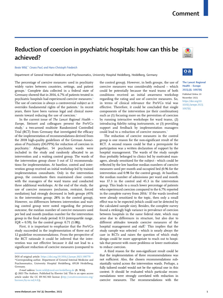 Reduction of Coercion in Psychiatric Hospitals Ho | PDF | Psychiatry | Randomized Controlled Trial
