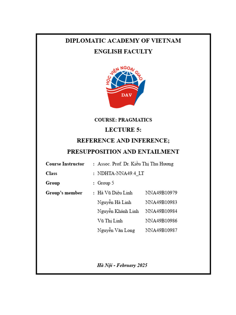 Group 5 - Reference and Inference Presupposition and Entailment | PDF | Semantics | Grammar